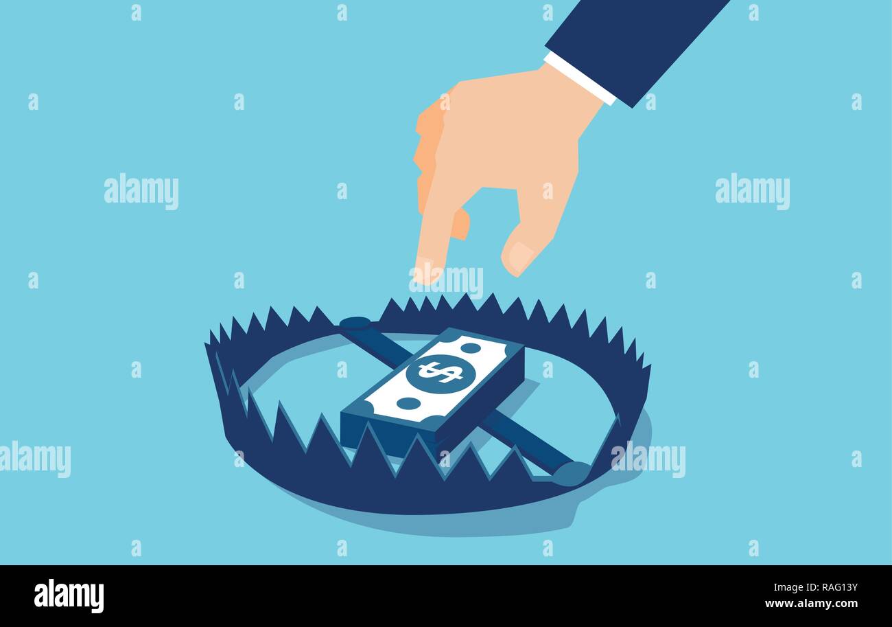 Vector of a businessman hand trying to reach money trap with dollar ...