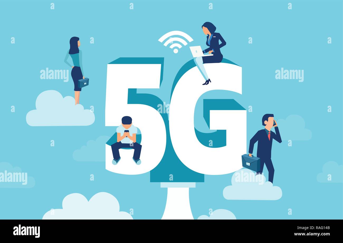 Vector of business people with gadgets sitting on the big 5G symbol networking using high speed ...