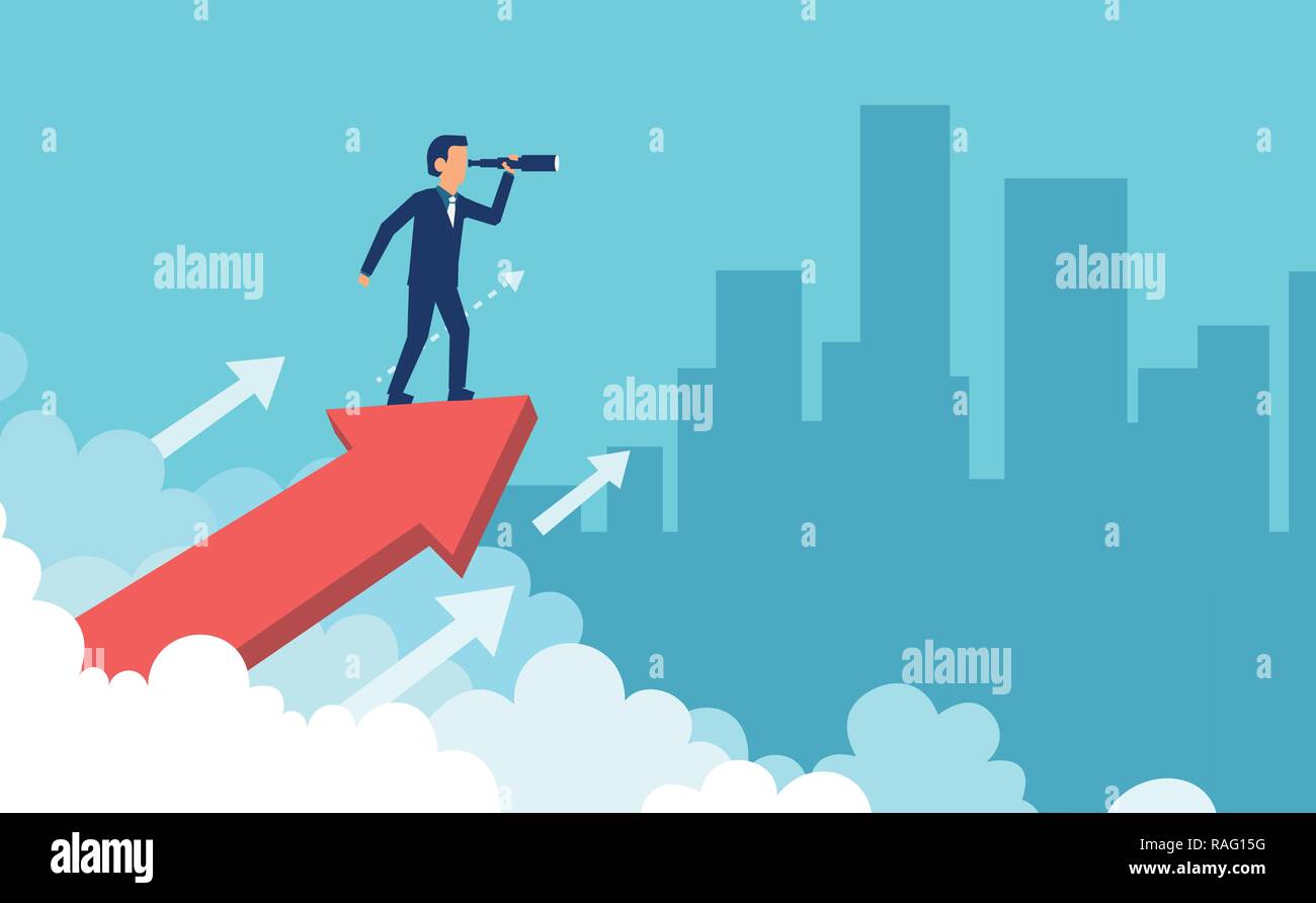 Concept graphic design of businessman on growing arrow looking in ...