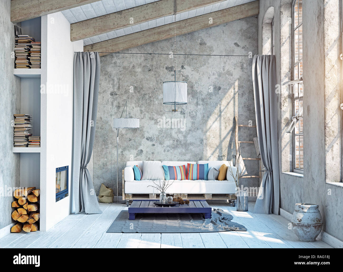modern attic interior design. 3d rendering concept Stock Photo - Alamy