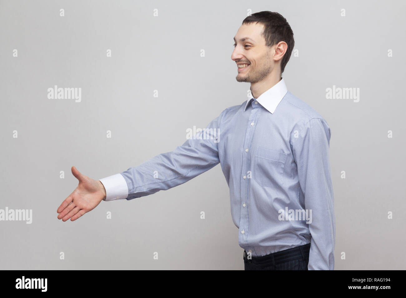 Profile side view portrait of happy handsome bristle businessman in ...