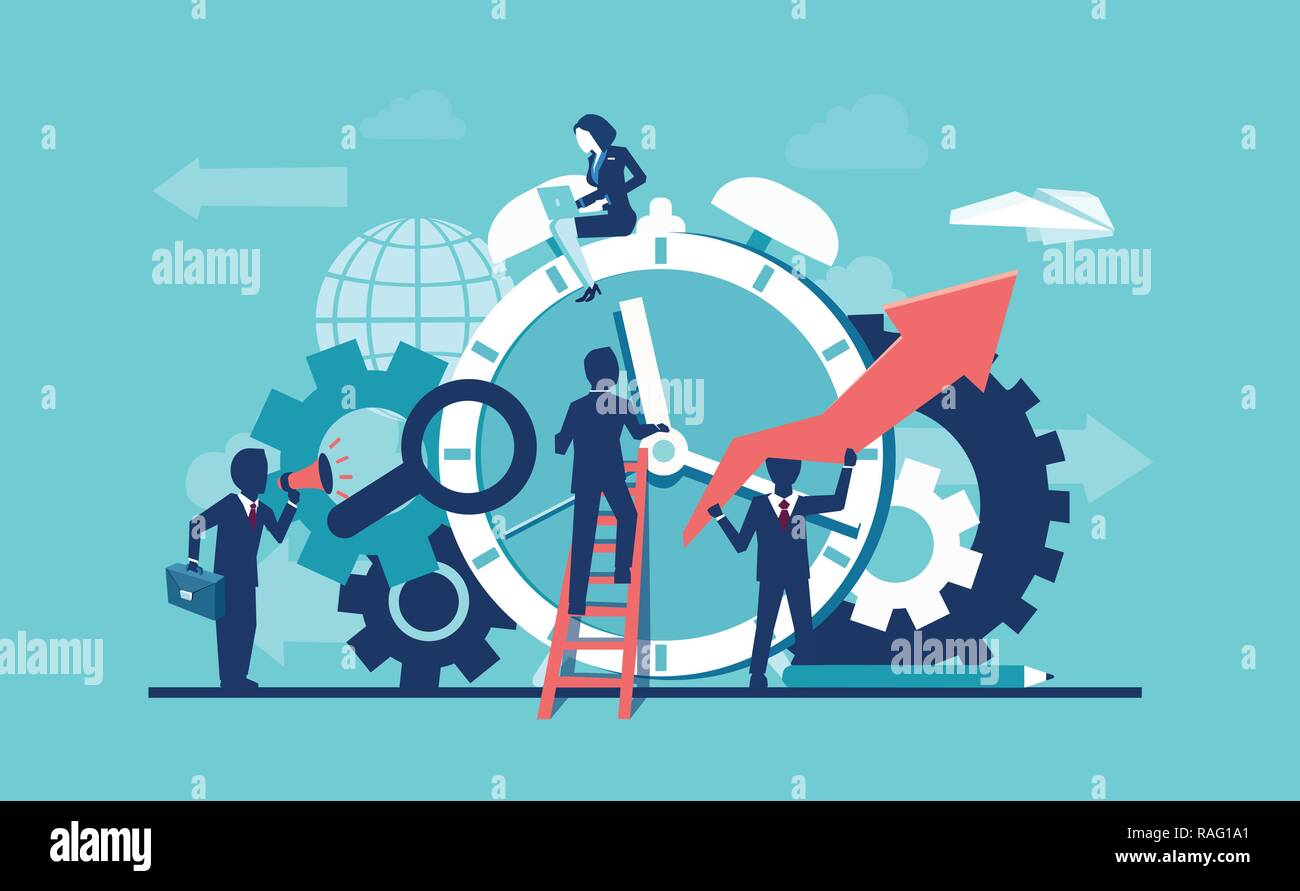 Vector of businesspeople company team working around alarm clock rings ...
