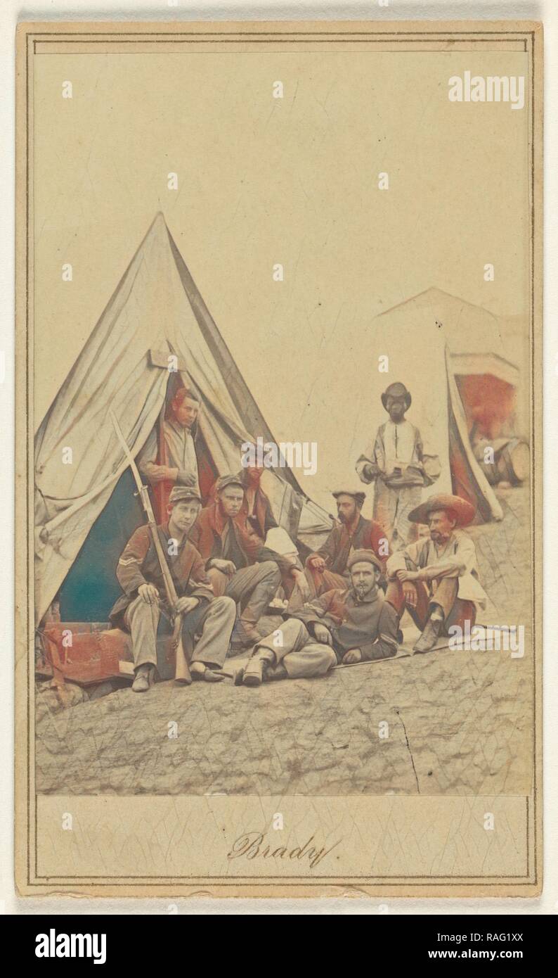 Group of seven soldiers and one black servant at a campsite, Mathew B ...
