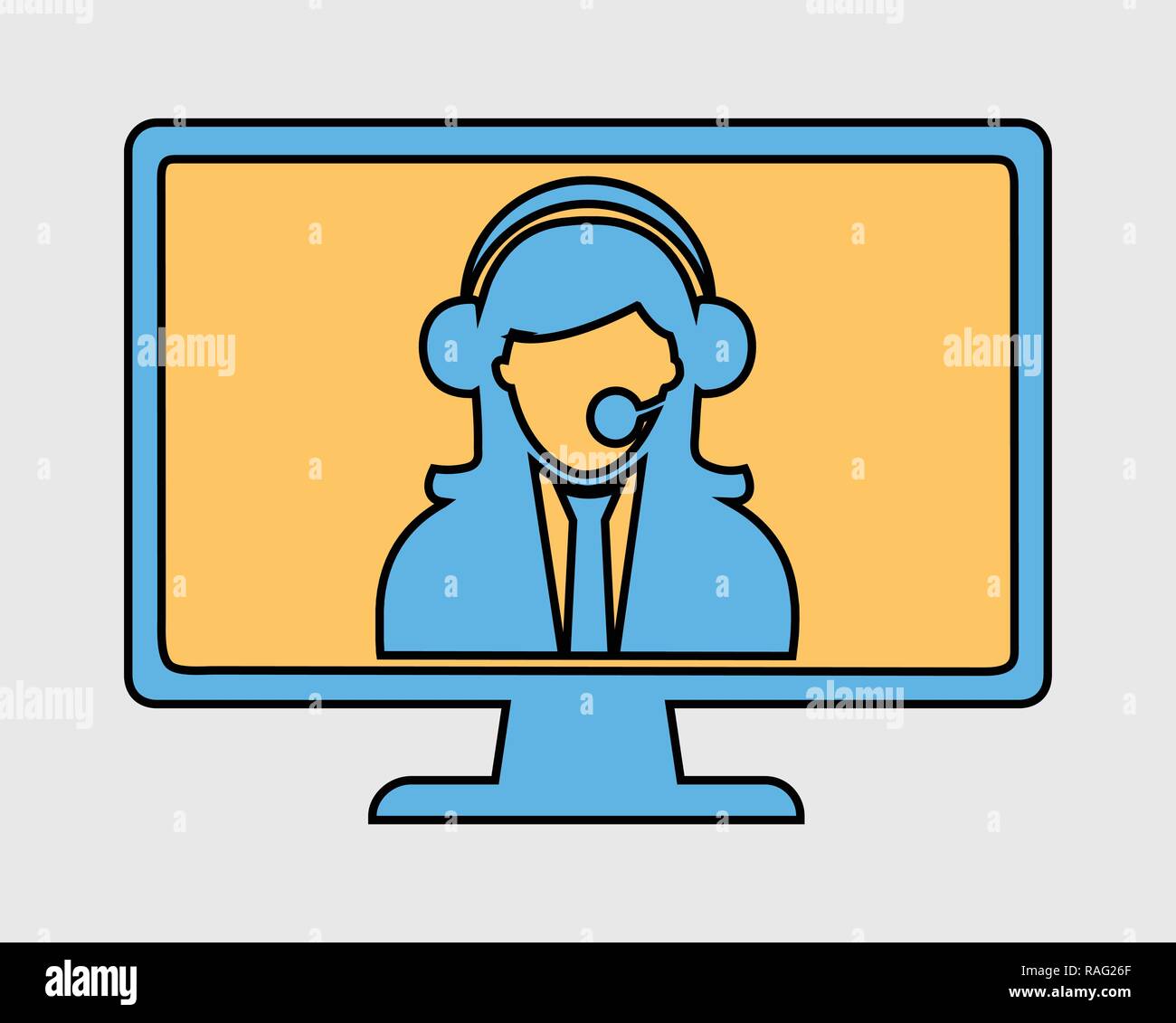 Colorful Online customer service icon. Helping women on computer ...