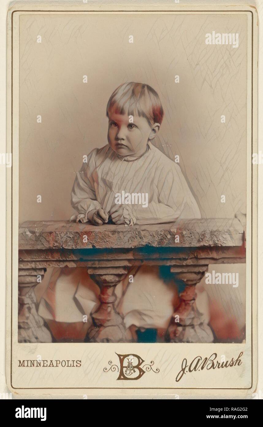 Portrait of a little girl posed on a stone railing, J.A. Brush ...