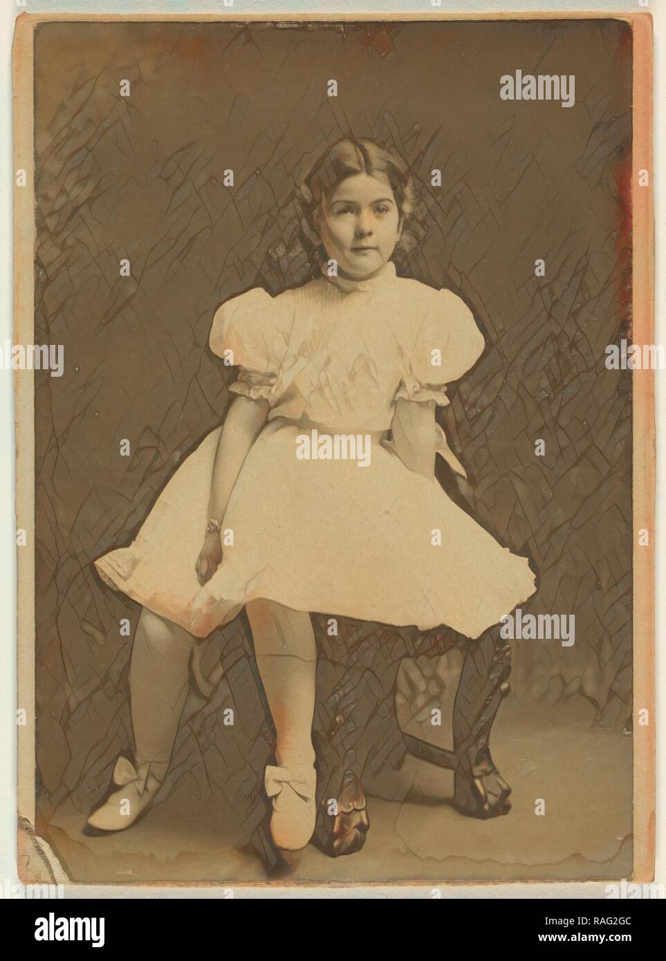 young girl in a white dress, seated, about 1920, Bromide print ...