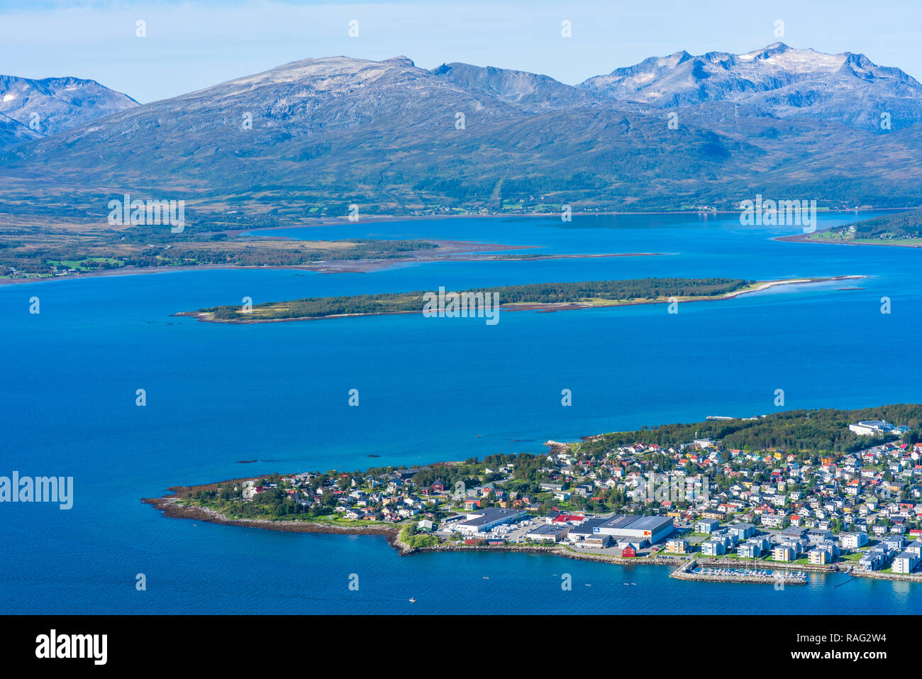 Aerial view of Tromso in the island of Tromsoya and Tromsoysundet ...