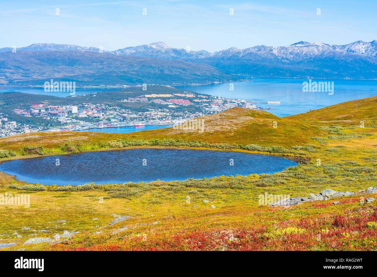 Aerial view of the mountains and hills around Tromso and Tromsoysundet ...