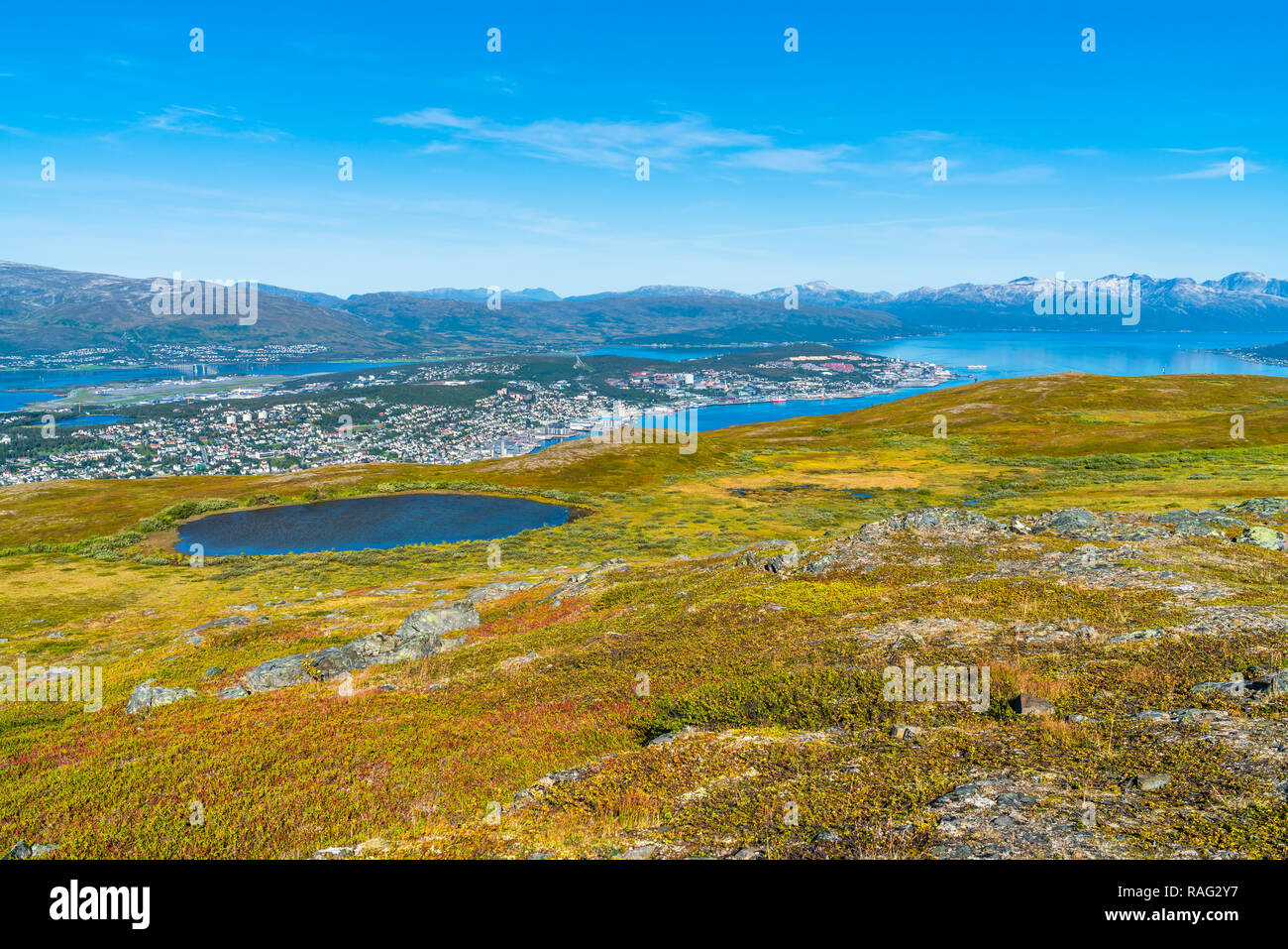 Aerial view of the mountains and hills around Tromso and Tromsoysundet ...