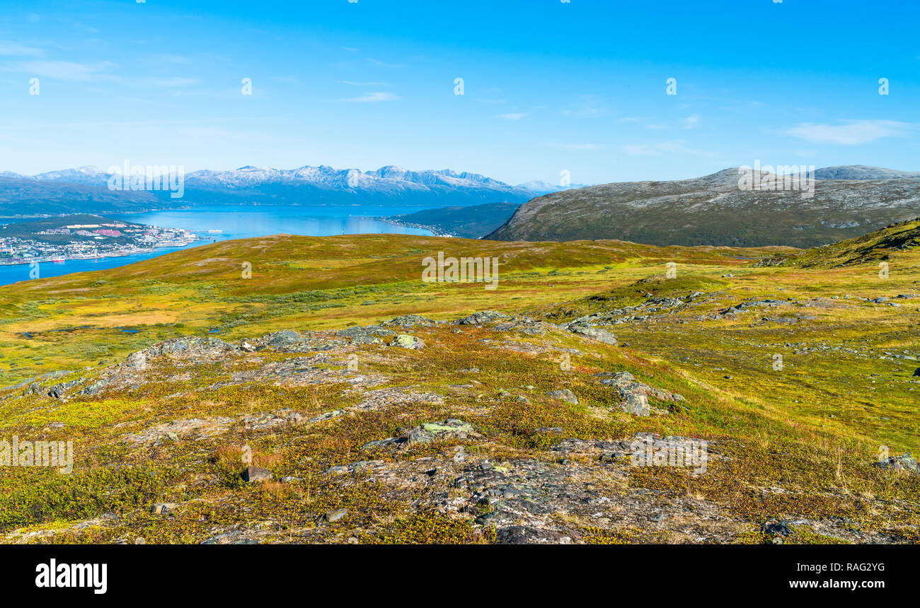 Aerial view of the mountains and hills around Tromso and Tromsoysundet ...