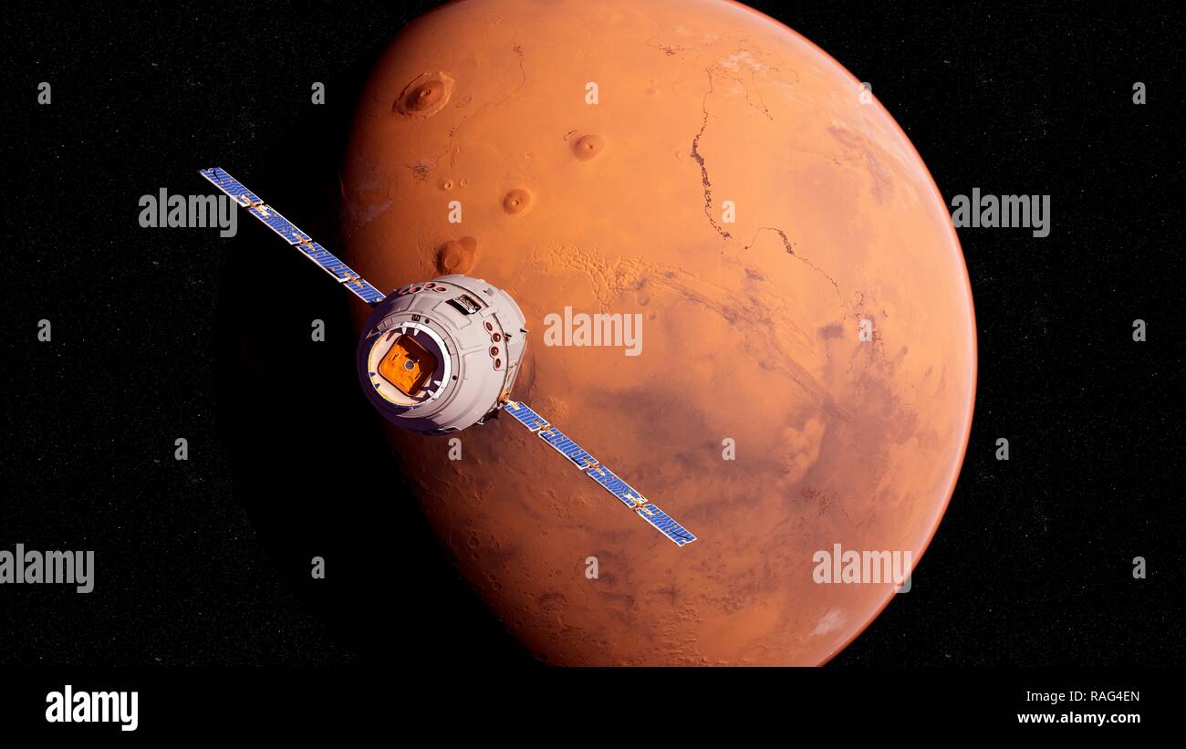 Illustration of a satellite in front of Mars Stock Photo - Alamy