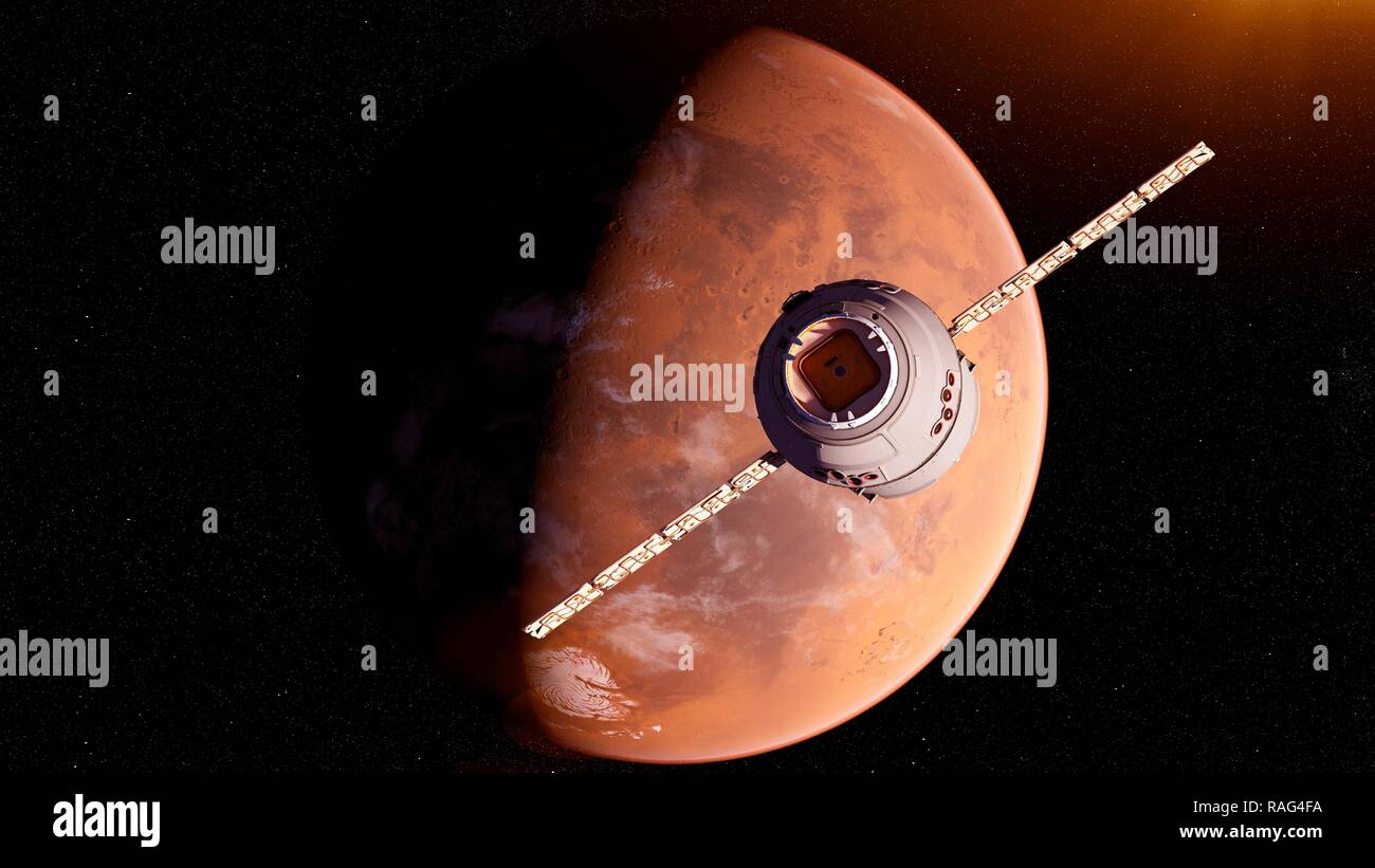 Illustration of a satellite in front of Mars Stock Photo - Alamy