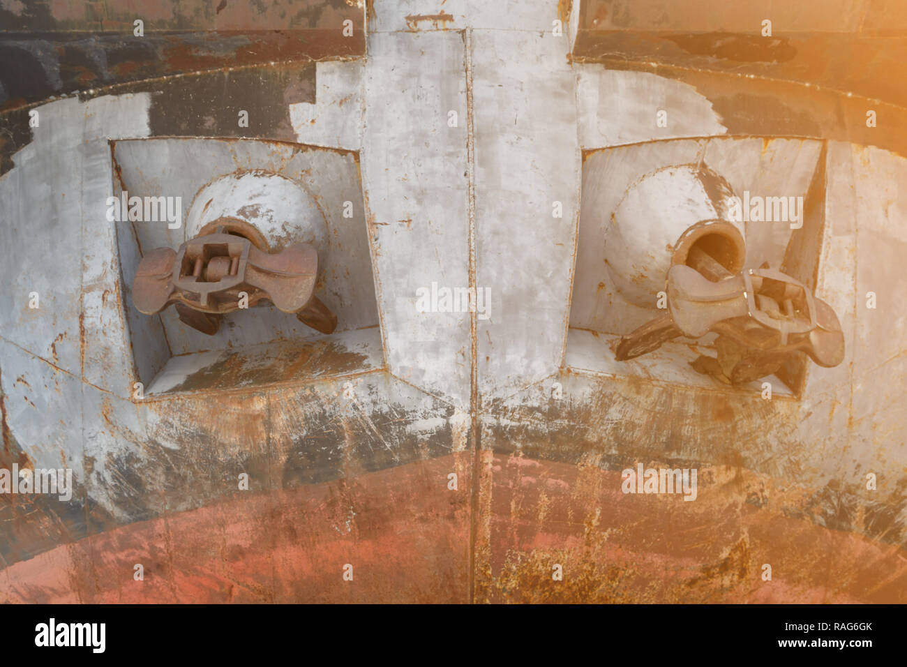 View to bow of a non self-propelled river barge with two anchors fixed ...