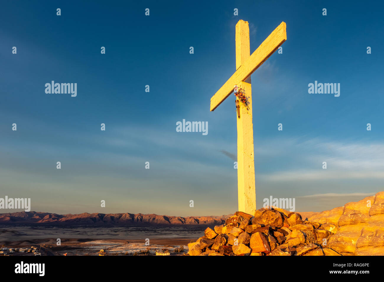 Mountain Top Cross Brightly Illuminated in the Sunset, Tecopa ...