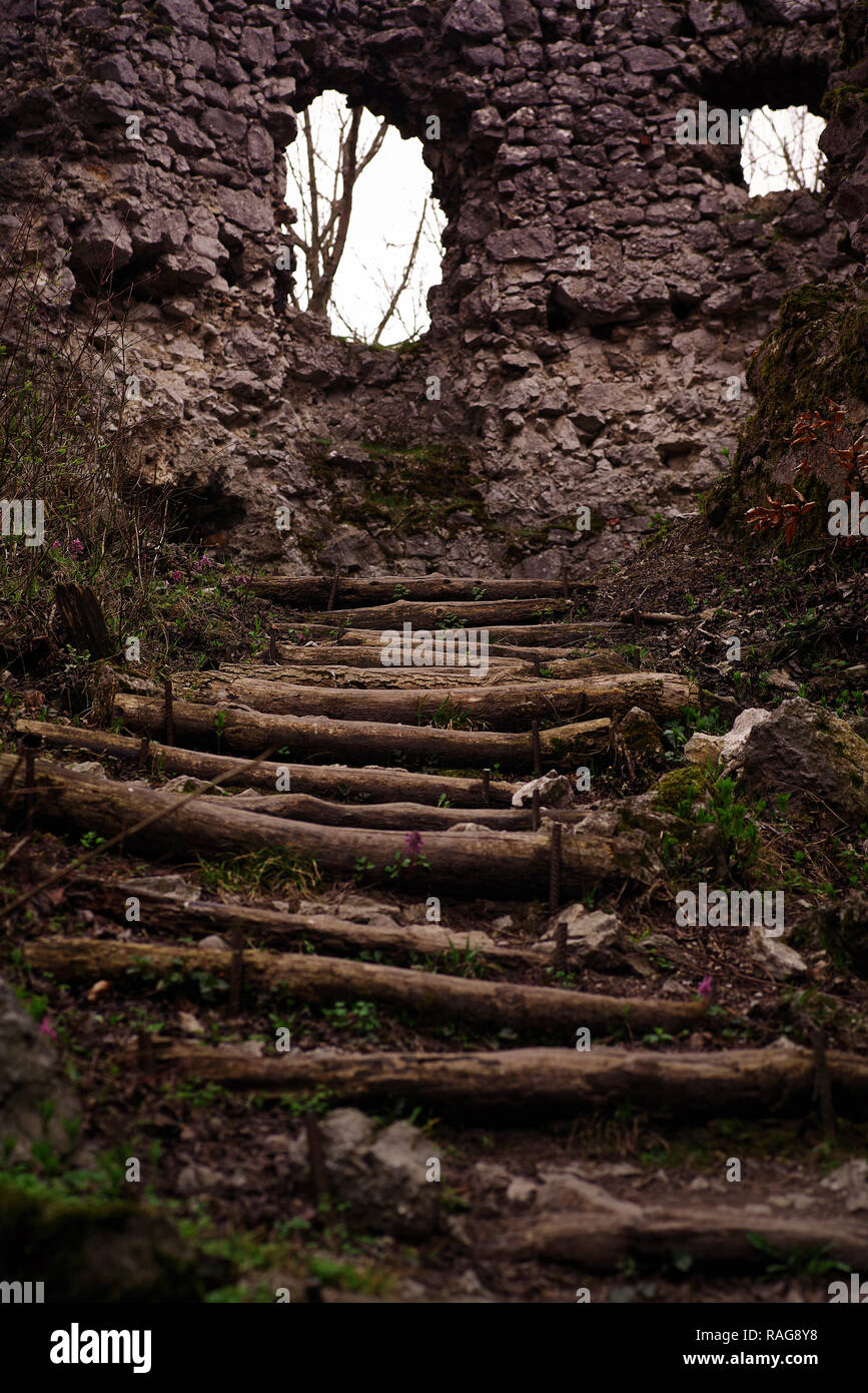 the wall of an old stone castle and in front of it a wooden staircase ...