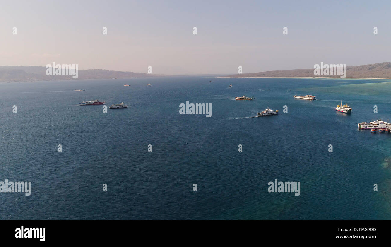 Aerial view ferry port gilimanuk with ferry boats, vehicles. Ferries ...