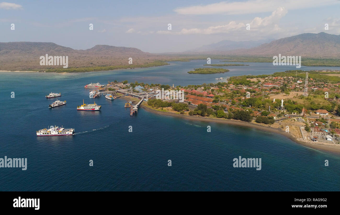 Aerial view ferry port gilimanuk with ferry boats, vehicles. Ferries ...