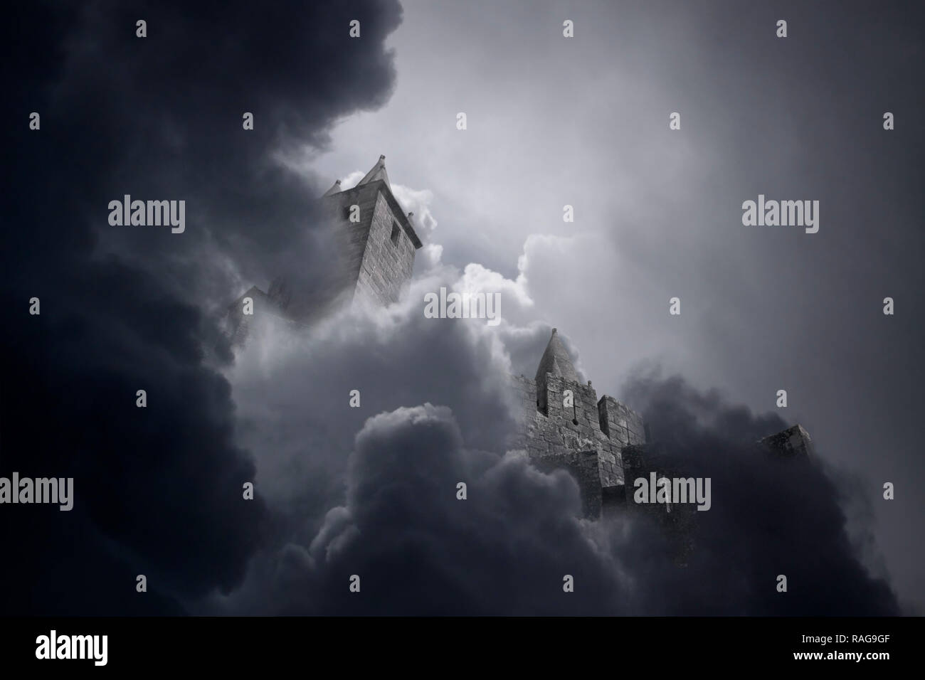 Mysterious medieval granite castle in the middle of the clouds Stock ...