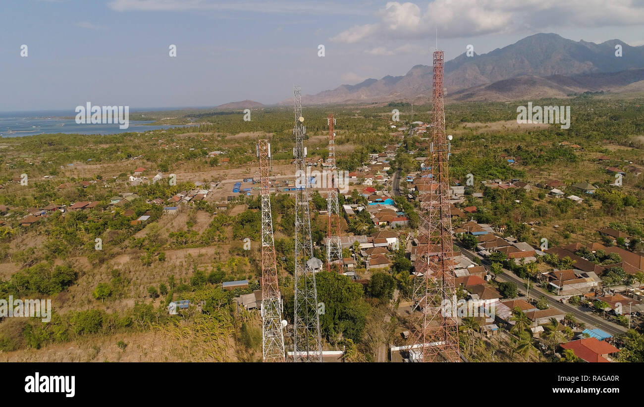 aerial view cell phone towers line in bali, indonesia ...