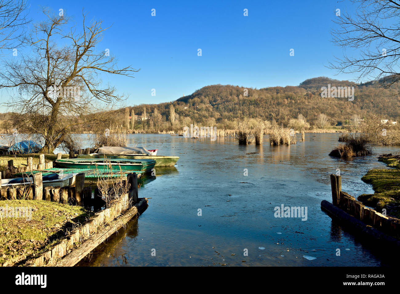 Little harbour and frozen lake Fimon Vicenza Italy Stock Photo - Alamy