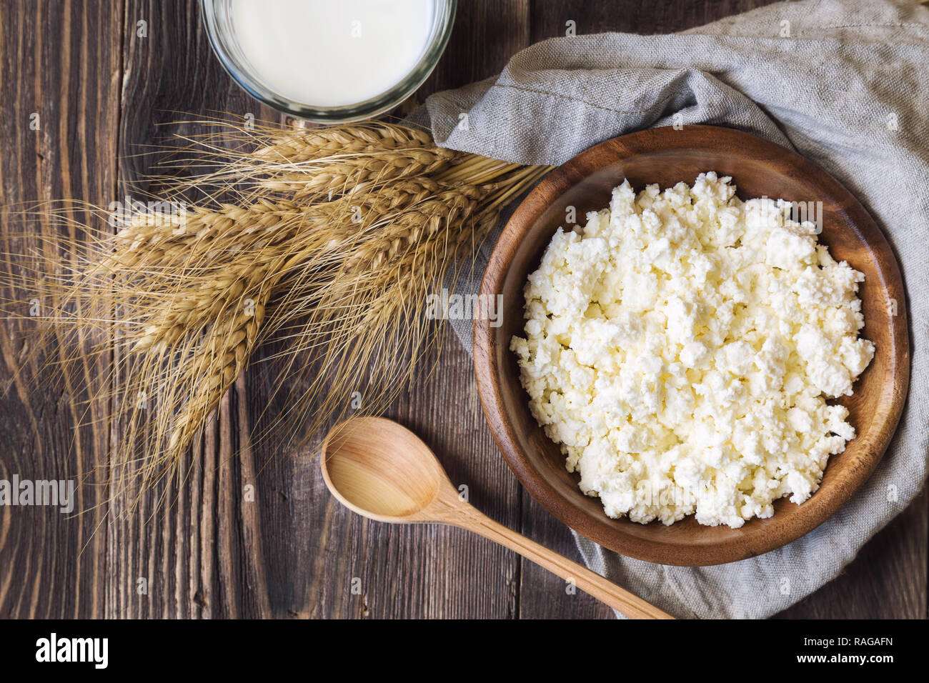 Cottage cheese, milk and ears of wheat on rustic wooden background ...