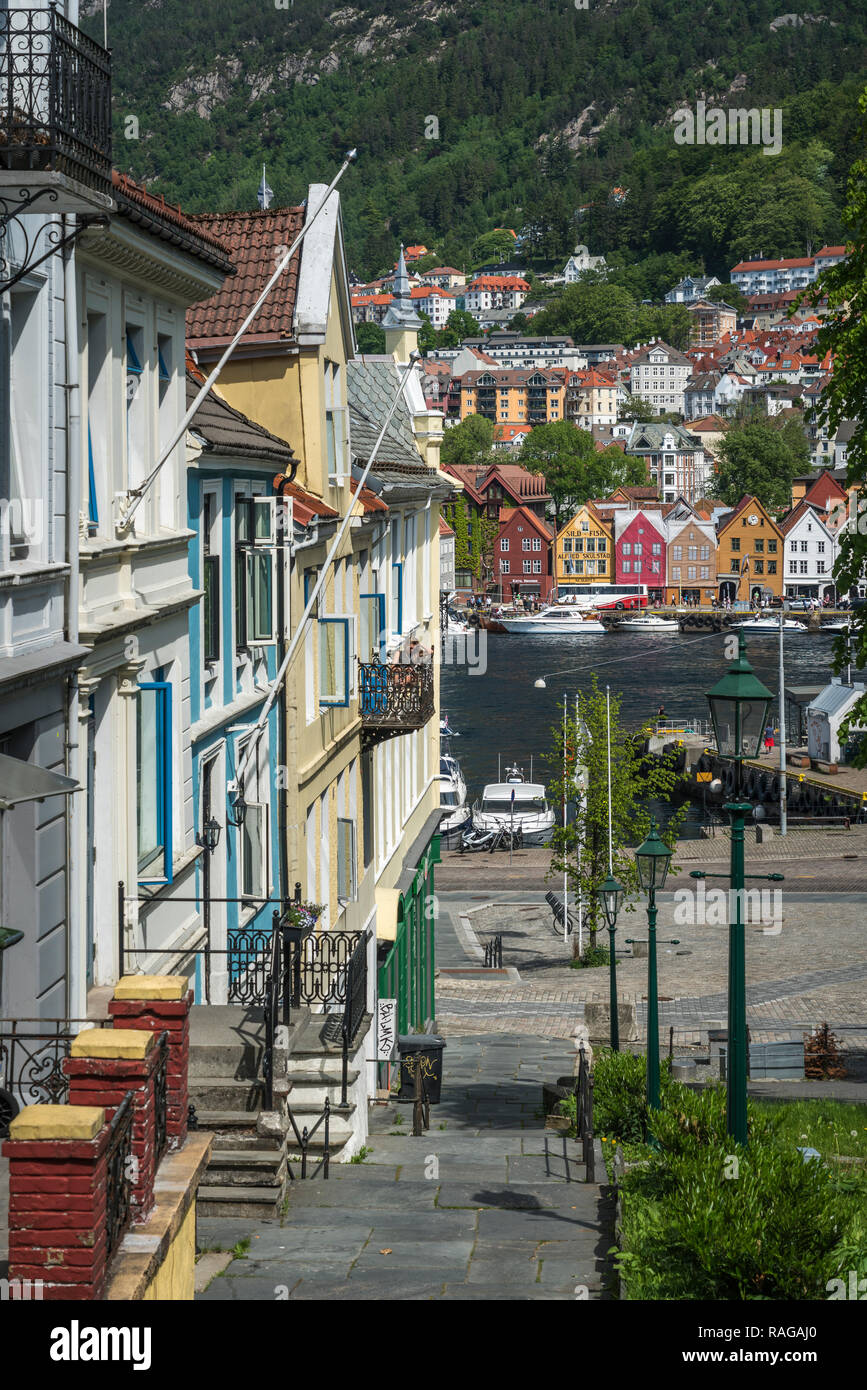 The buildings and landmarks of the port city of Bergen, Norway, Europe ...