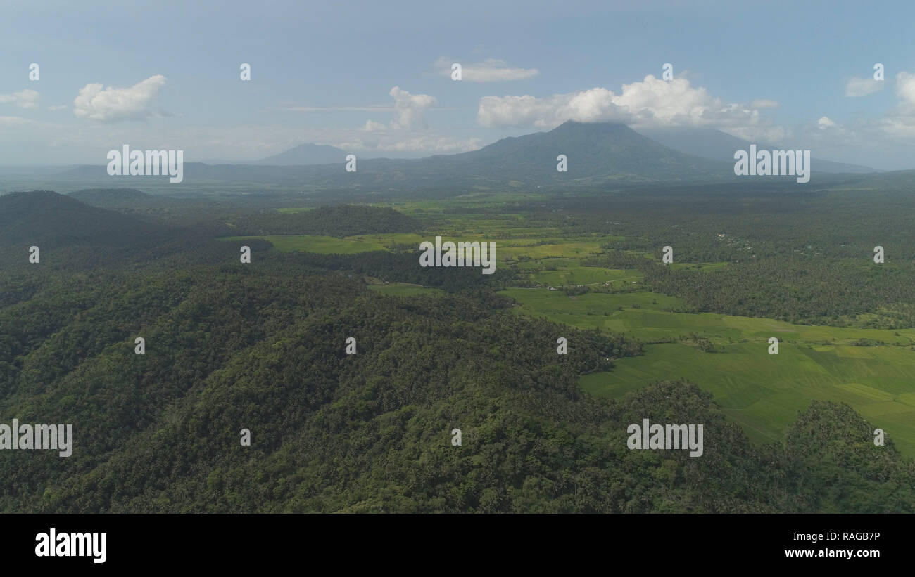 Aerial view of mountain valley with hills covered forest, trees, mount ...