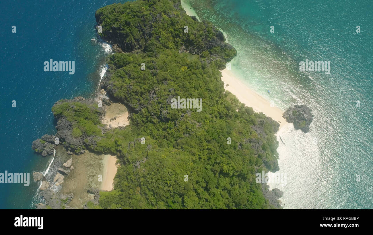 Aerial view Matukad island with sand beach and turquoise water in blue ...