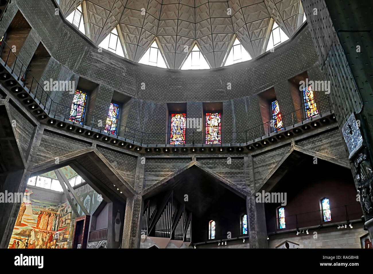 NAZARETH, ISRAEL - SEPTEMBER 21, 2017: Interior and stained glass ...