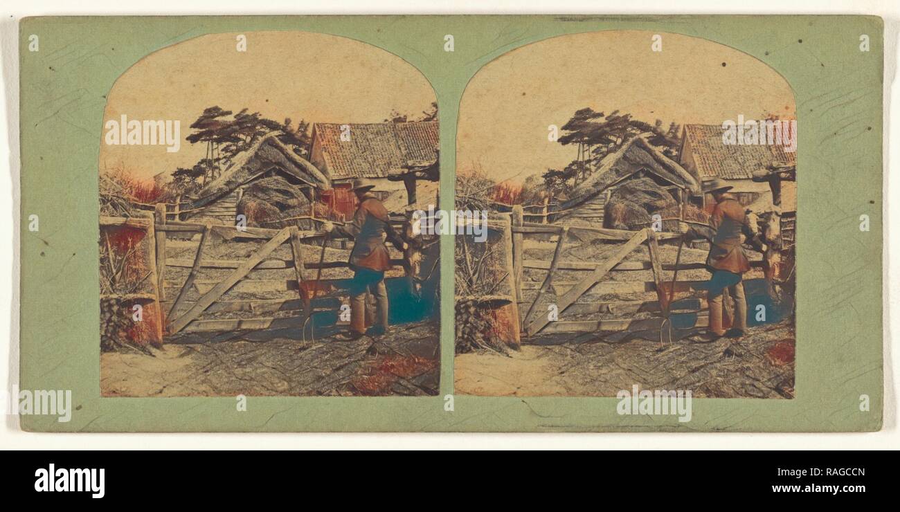 Man holding a pitchfork at gate of French farm, French, about 1865 ...