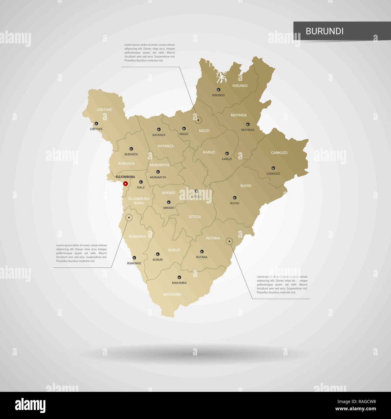 Stylized vector Burundi map. Infographic 3d gold map illustration with ...