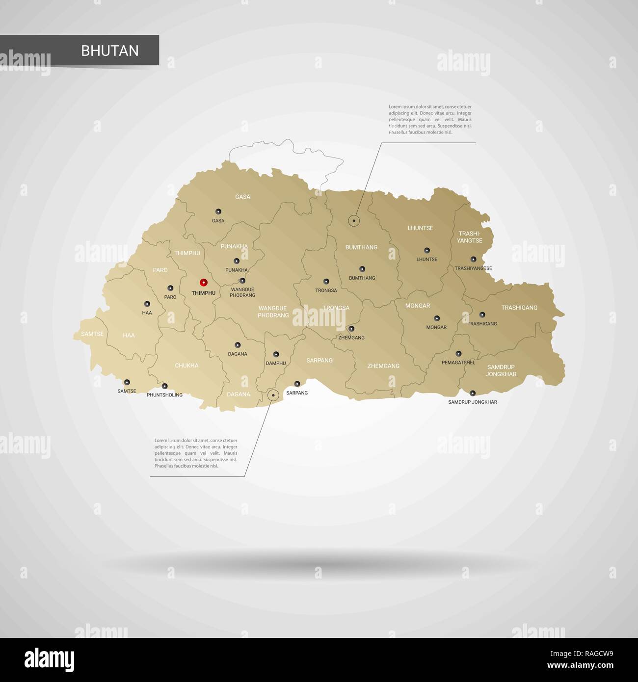 Stylized vector Bhutan map. Infographic 3d gold map illustration with ...