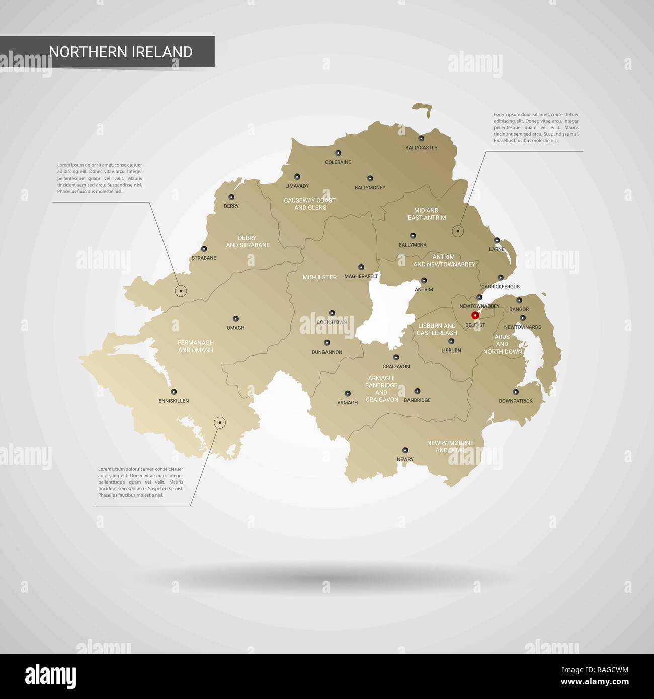Stylized vector Northern Ireland map. Infographic 3d gold map ...