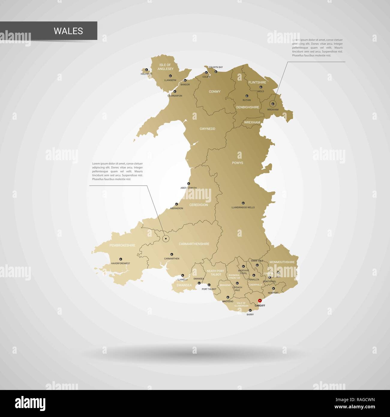 Stylized vector Wales map. Infographic 3d gold map illustration with ...