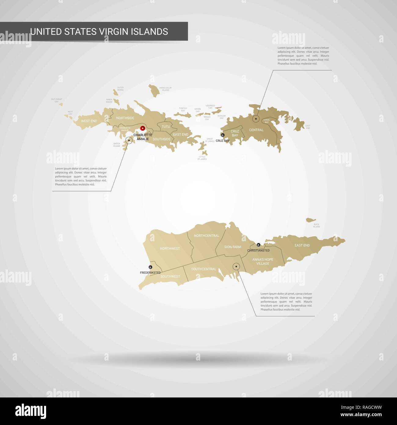 Stylized vector Virgin Islands map. Infographic 3d gold map ...