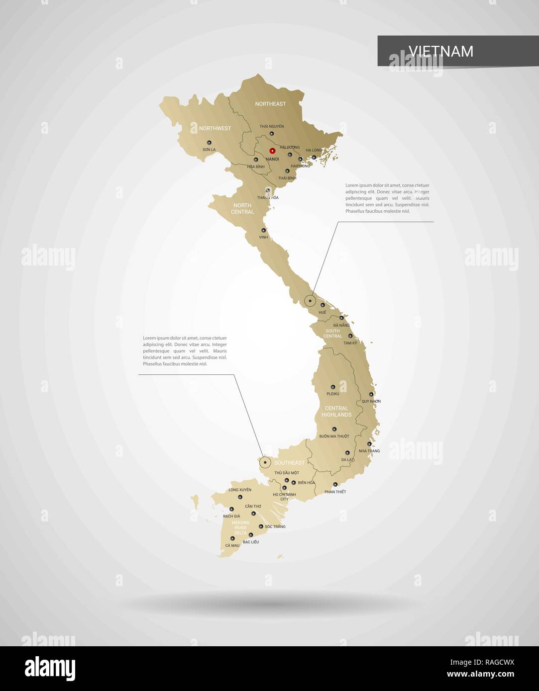 Stylized vector Vietnam map. Infographic 3d gold map illustration with ...