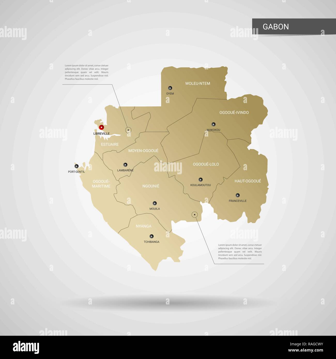 Stylized vector Gabon map. Infographic 3d gold map illustration with ...