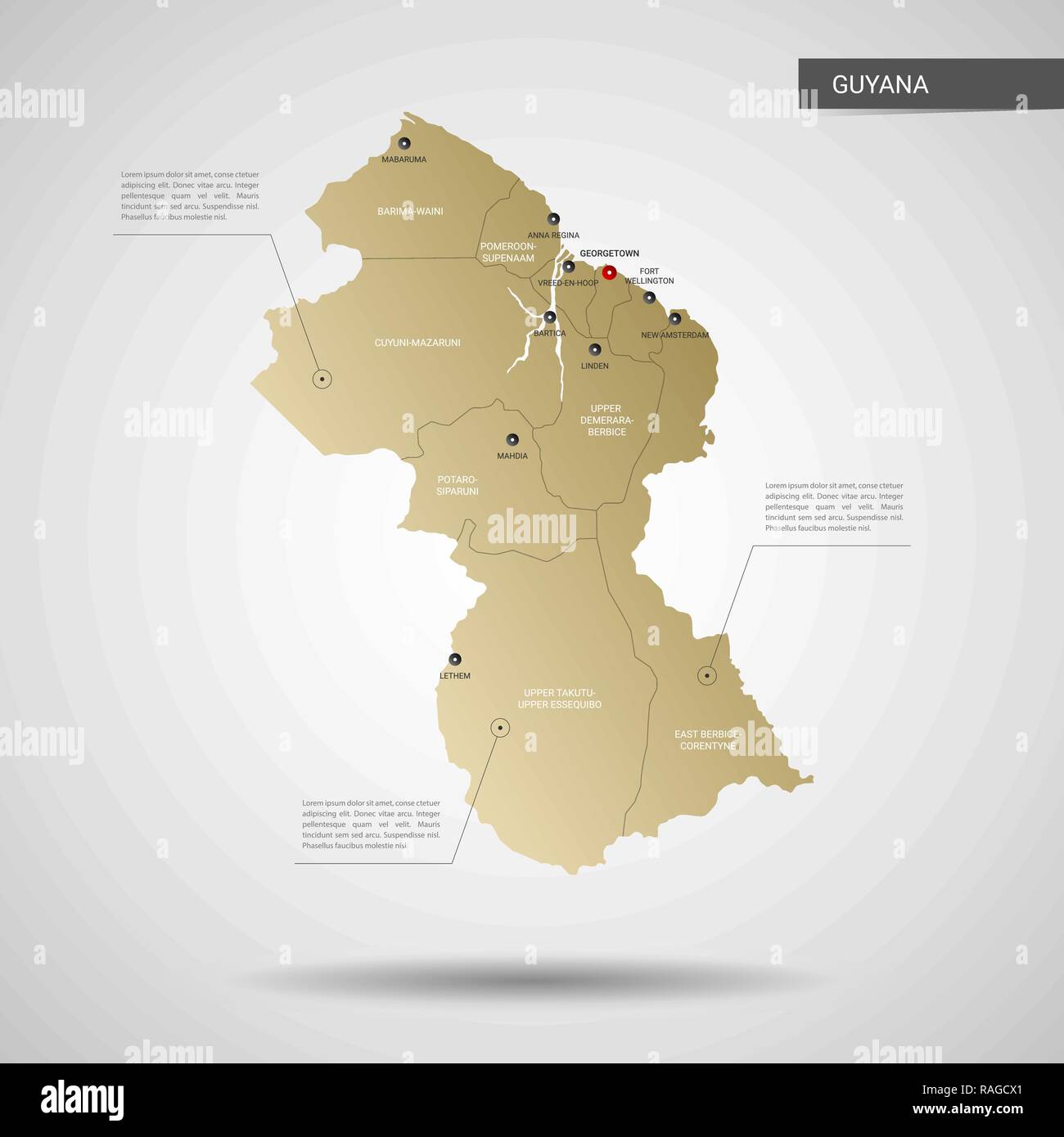 Stylized vector Guyana map. Infographic 3d gold map illustration with ...
