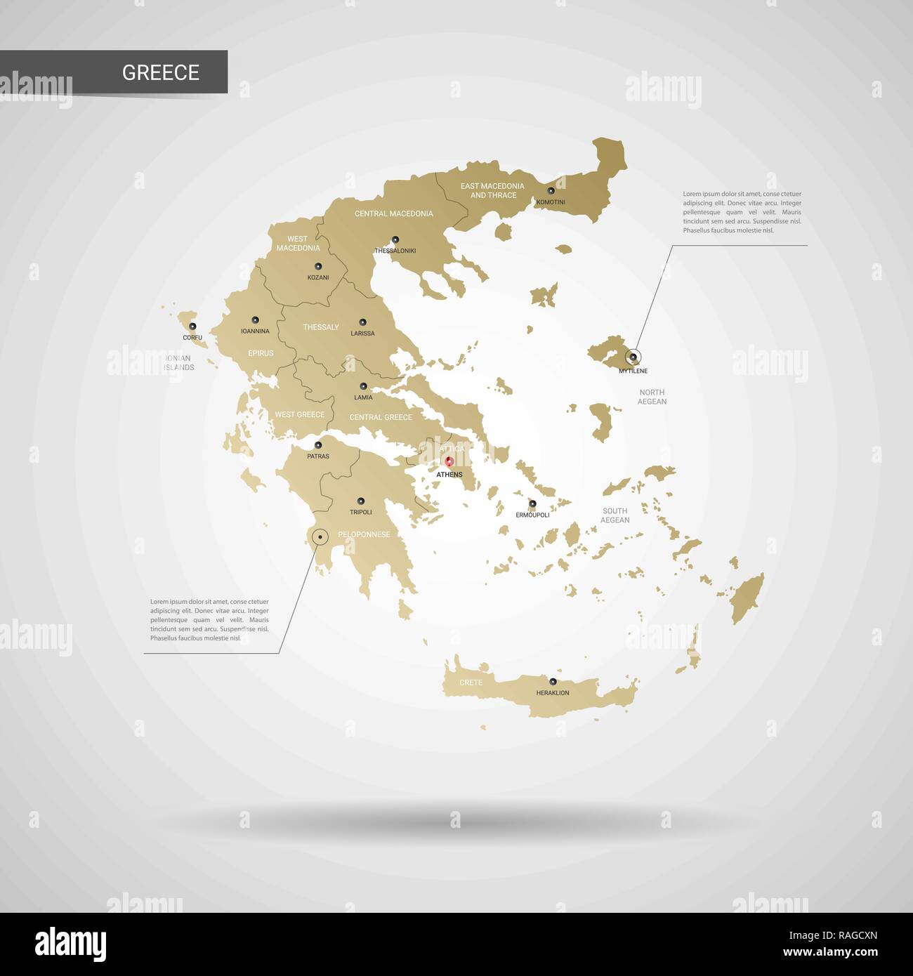 Stylized vector Greece map. Infographic 3d gold map illustration with ...