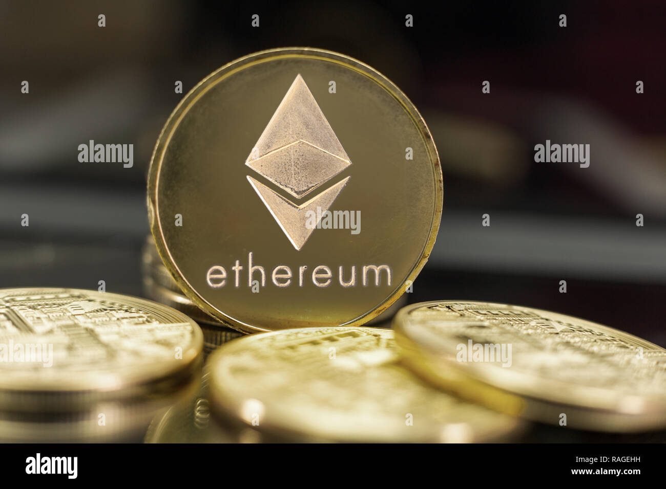 Ethereum coin and defocused background. Digital cryptocurrency concept ...