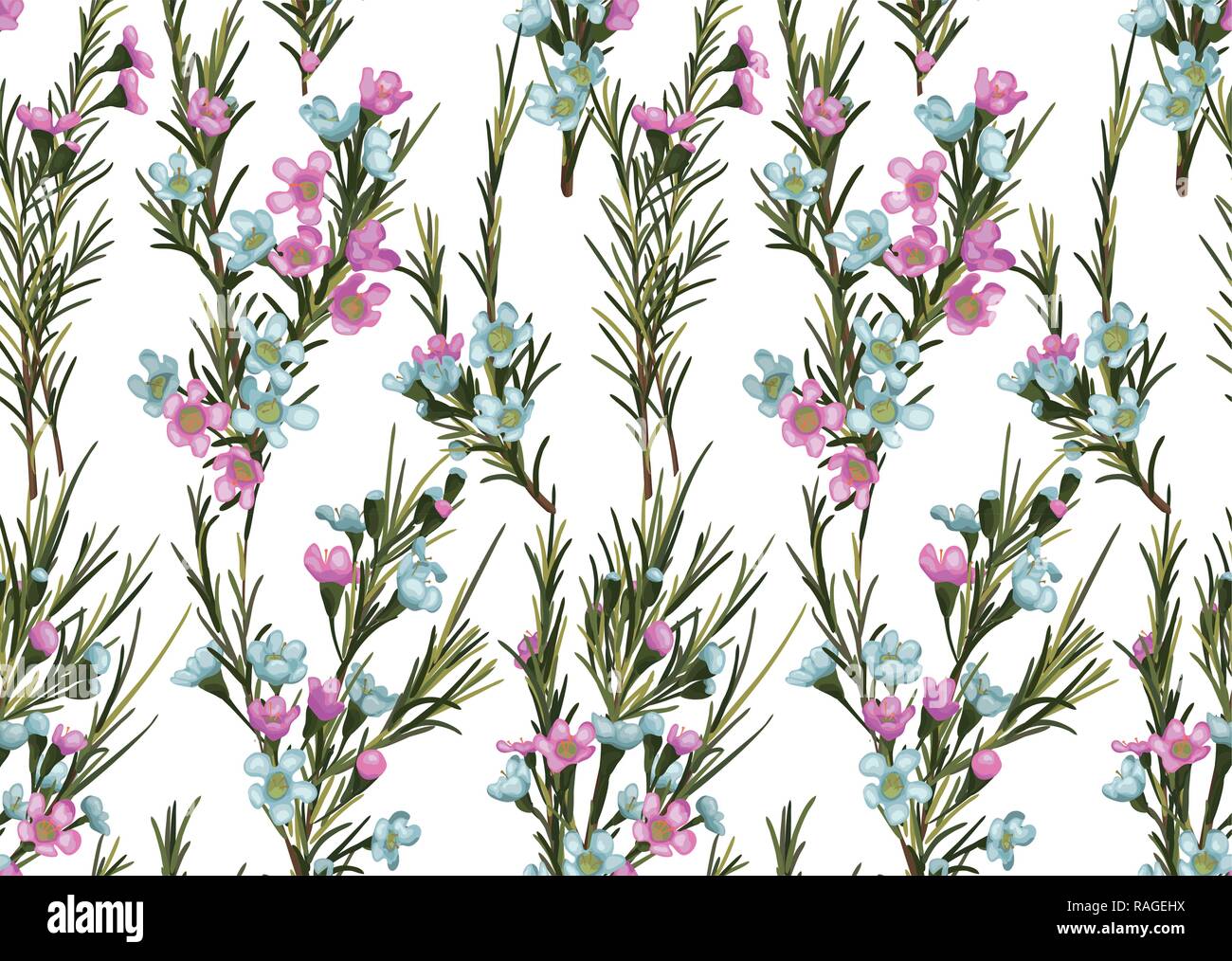 Seamless watercolor background of pink and blue wax flowers with leaves ...