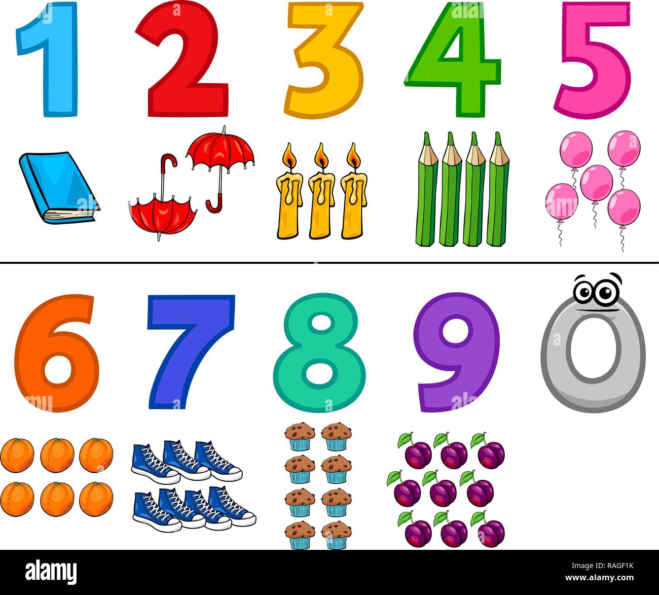 Cartoon Illustration of Numbers Set from One to Nine with Objects Stock ...