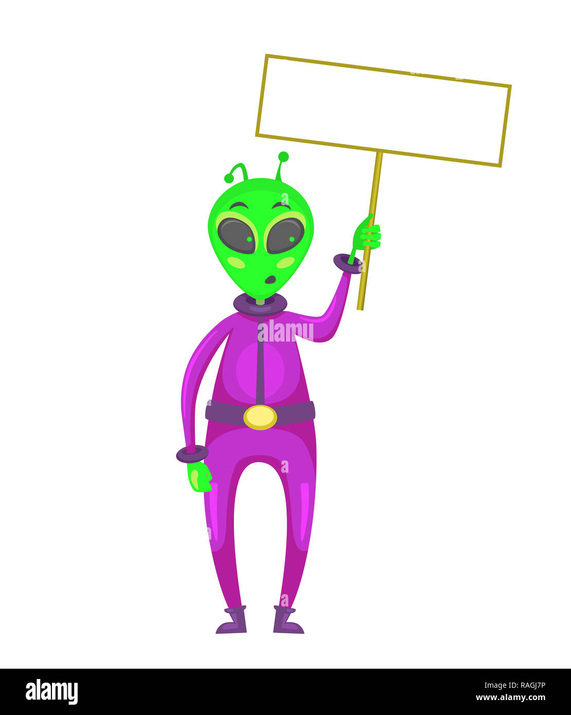 Alien holding blank signs. Aliens standing illustration Stock Photo - Alamy