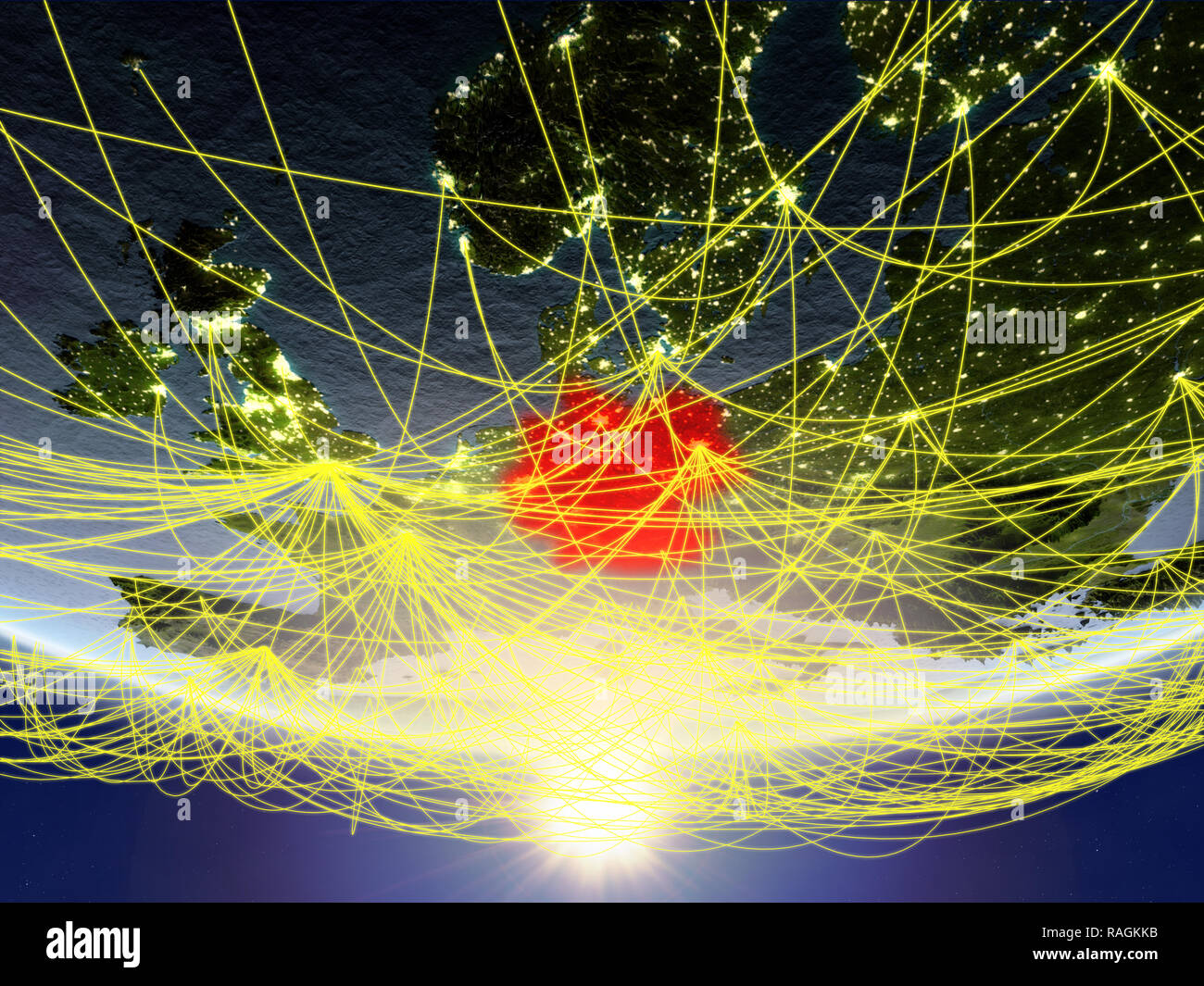 Germany on model of planet Earth in sunrise with network representing ...