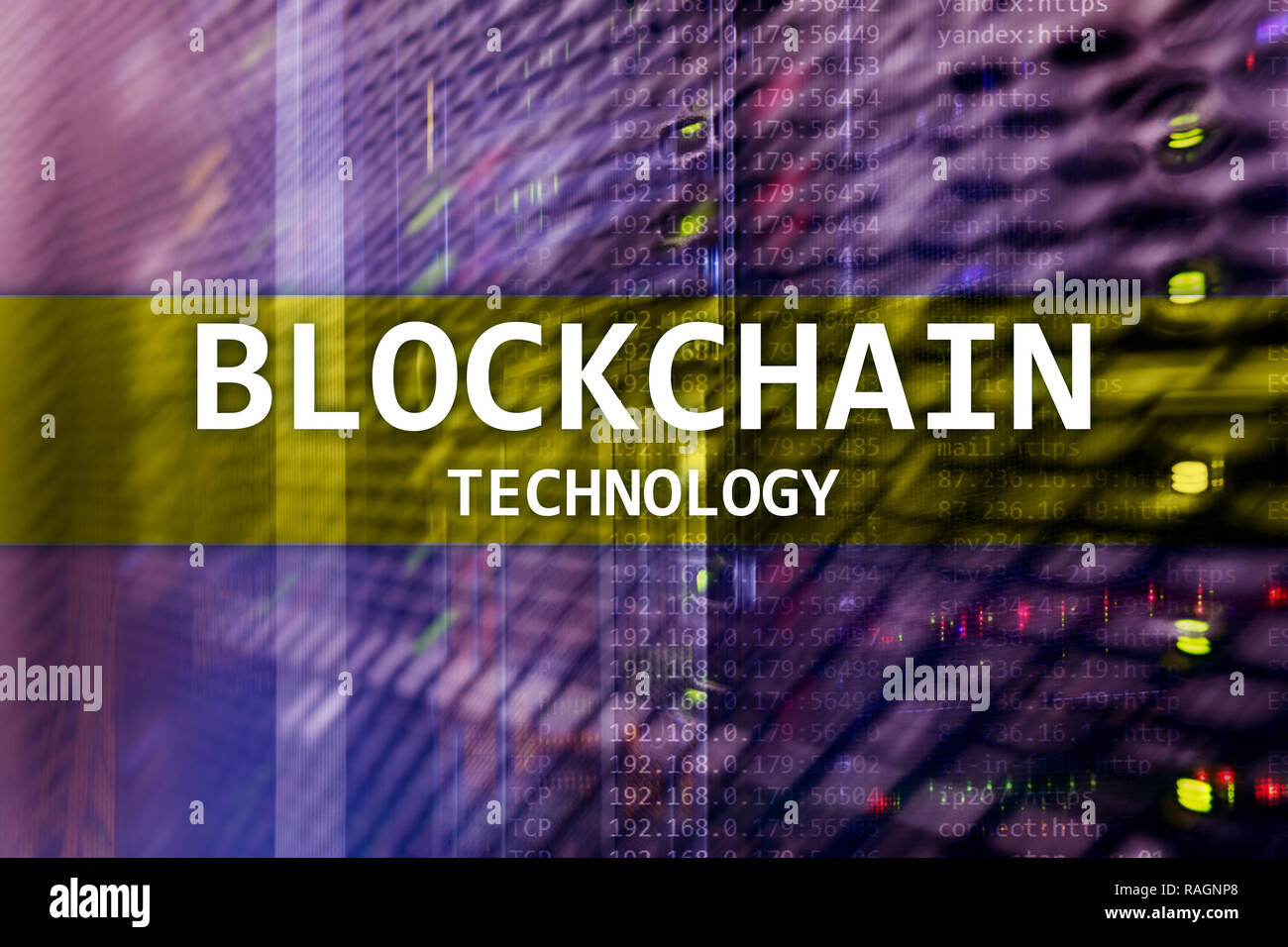 Blockchain technology, cryptocurrency mining. Server room data big ...