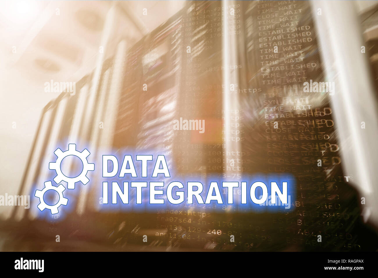 Data integration information technology concept on server room ...