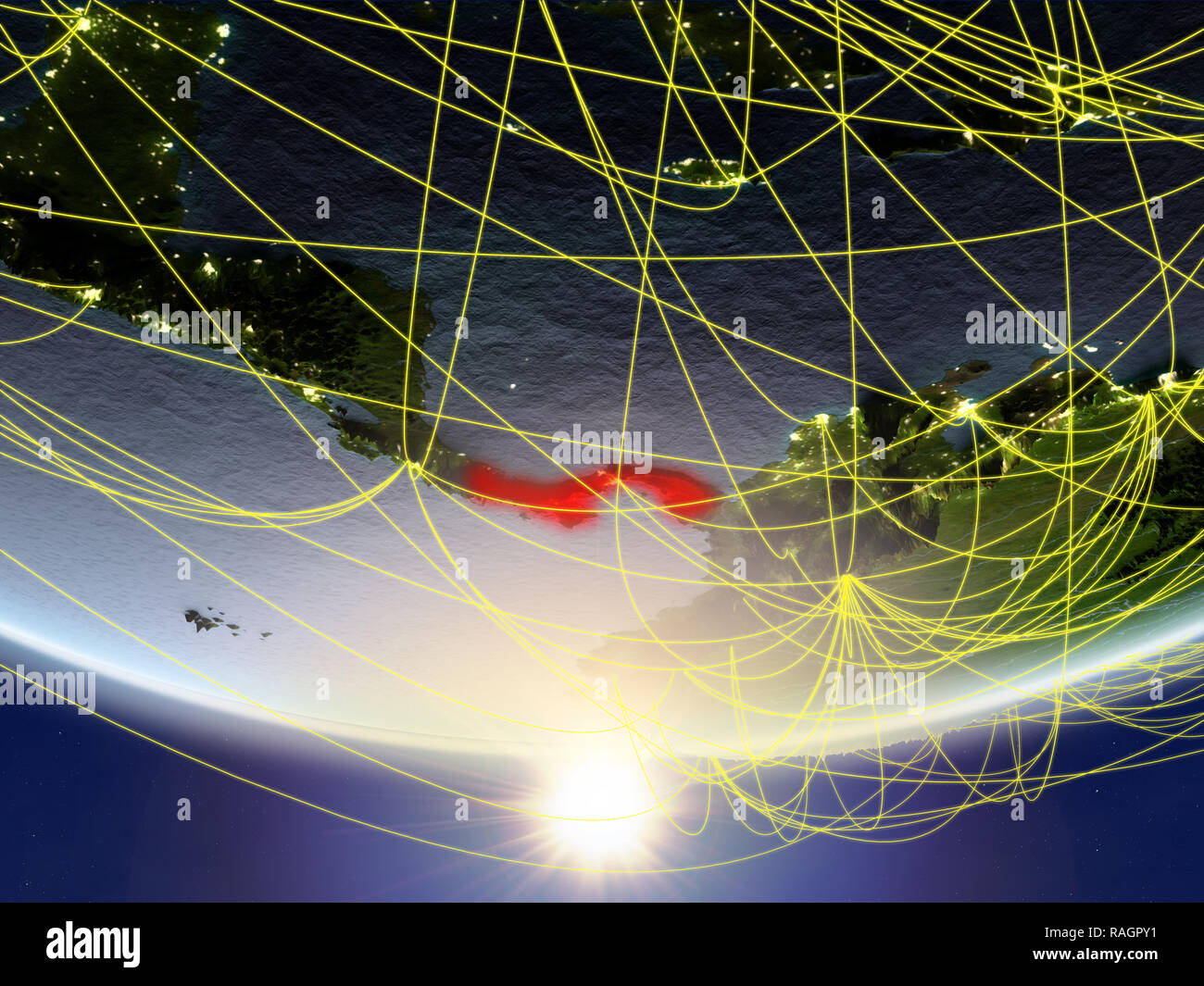 Panama on model of planet Earth in sunrise with network representing ...