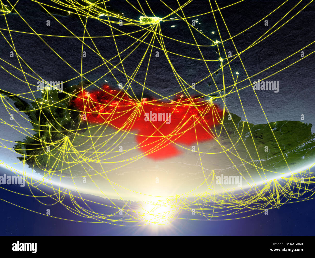 Venezuela on model of planet Earth in sunrise with network representing ...