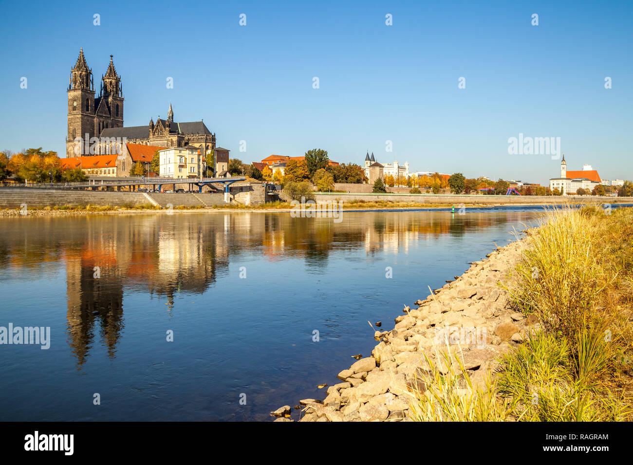 City view with magdeburg cathedral on the river elbe hi-res stock ...