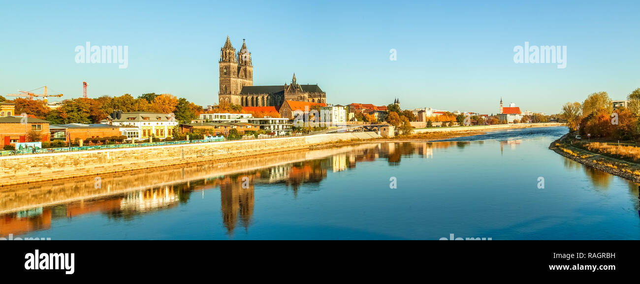 City view with magdeburg cathedral on the river elbe hi-res stock ...
